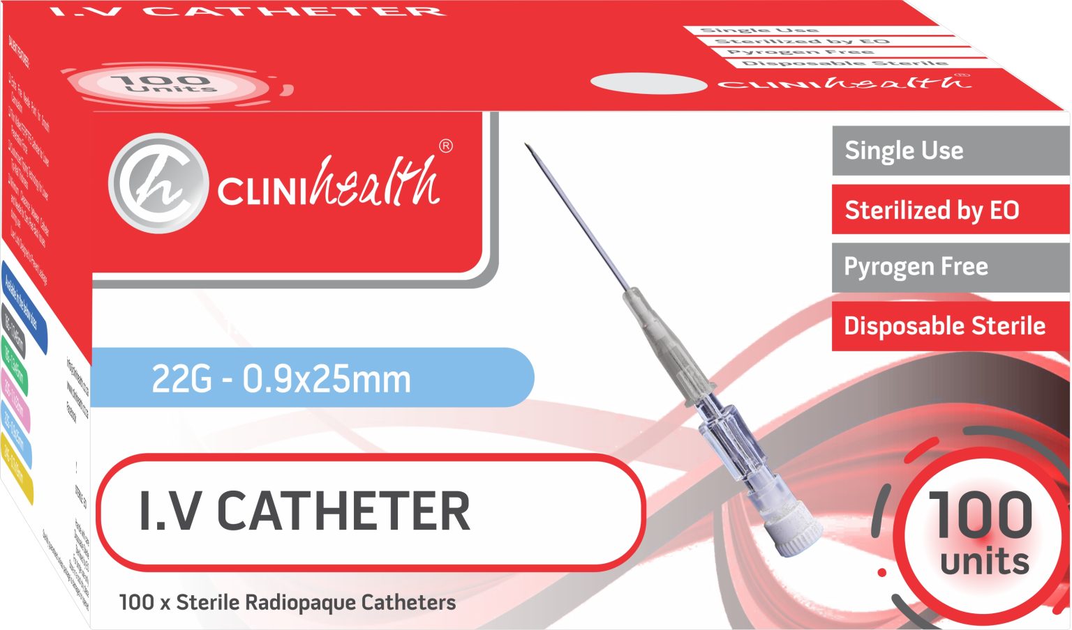 IV Catheter 22G without port and wings - 100s - Clinihealth